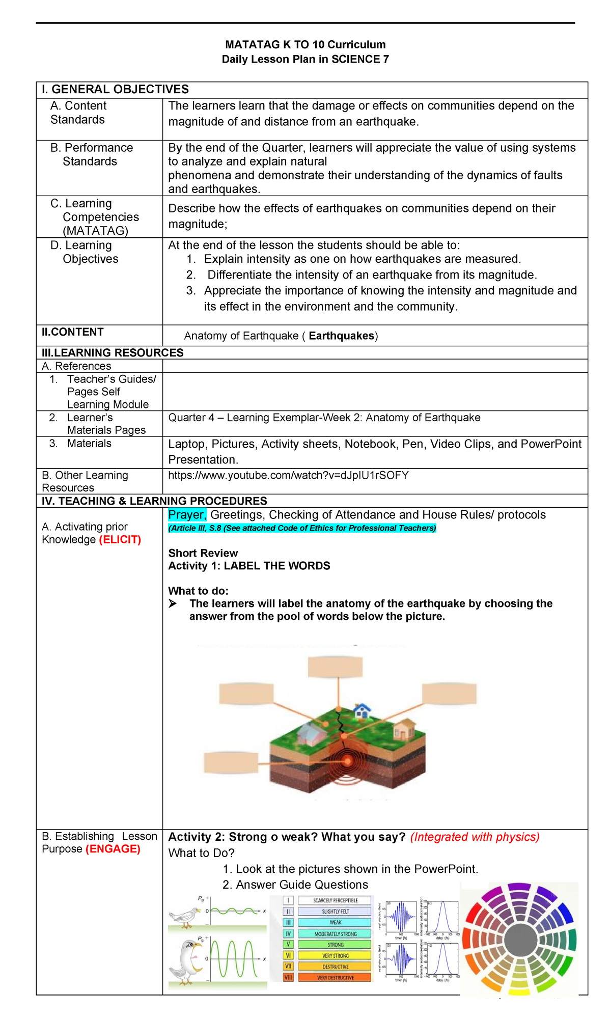 Earthquake DLP - MATATAG K TO 10 Curriculum Daily Lesson Plan in ...