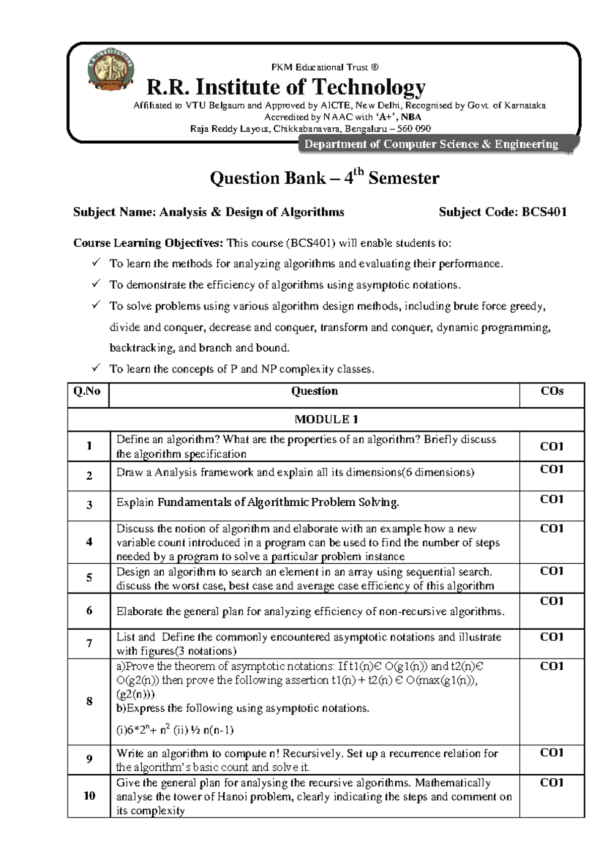 BCS401 Analysis & Design of Algorithms Question Bank – 4th Sem - Studocu