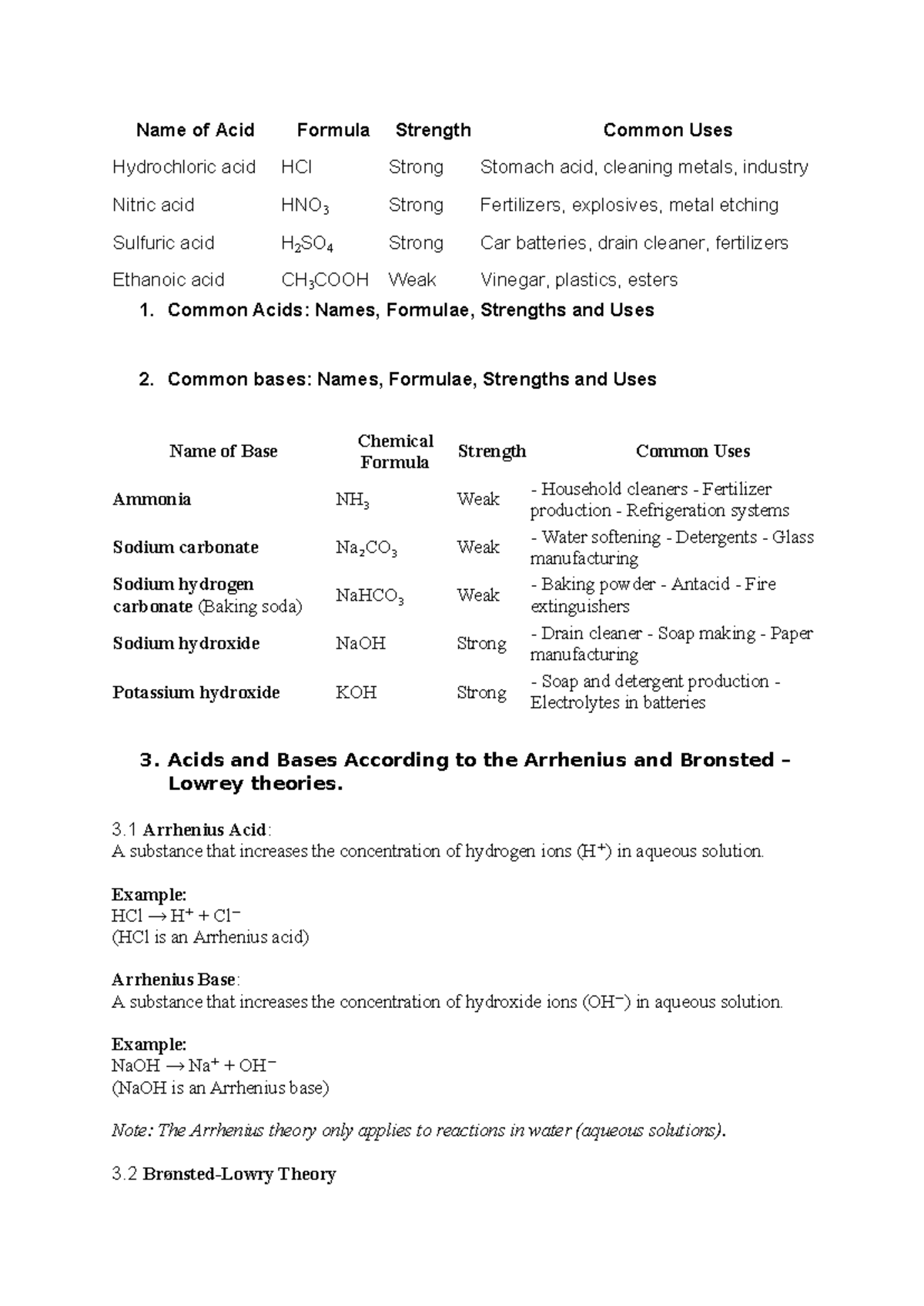 Grade 11 Chemistry Notes: Acids, Bases, and Their Reactions - Studocu