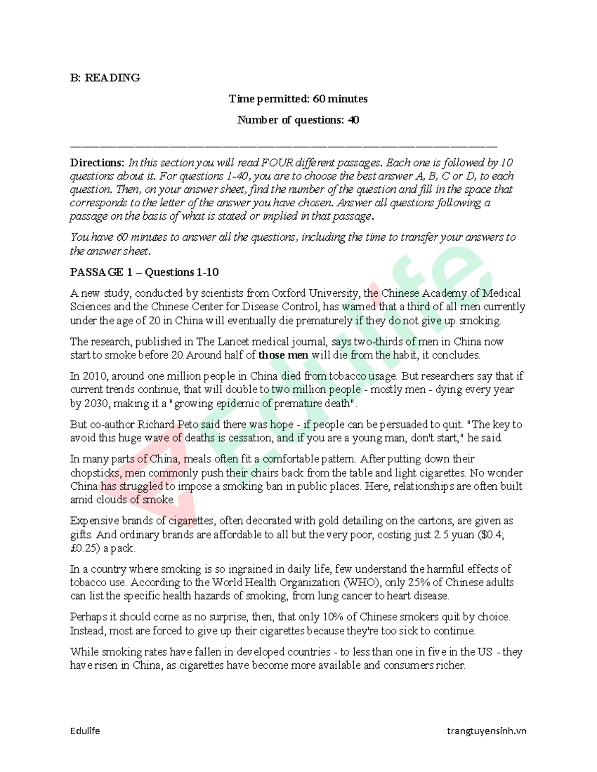 Reading Test 1: Passages and Questions (Text 1 & 2) - Studocu