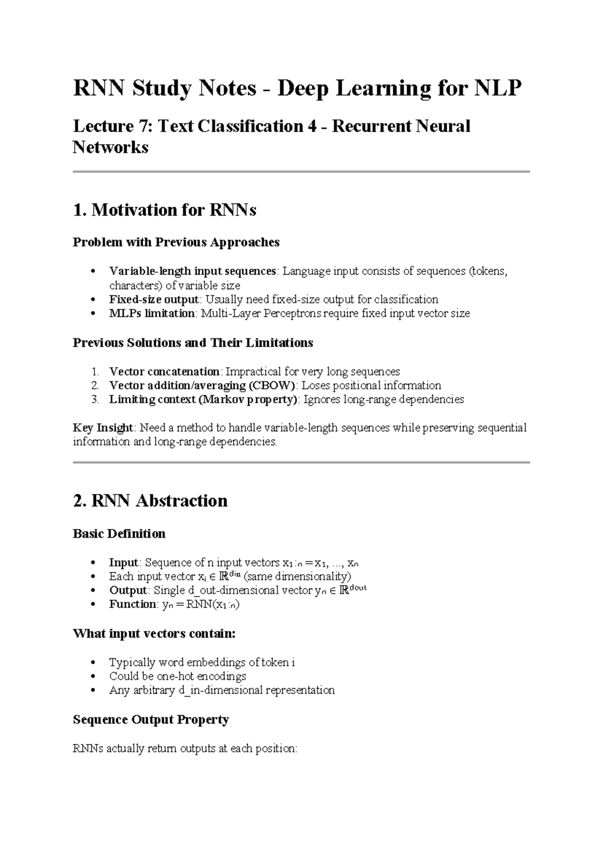 RNN Study Notes for Deep Learning in NLP: Lecture 7 on Text ...