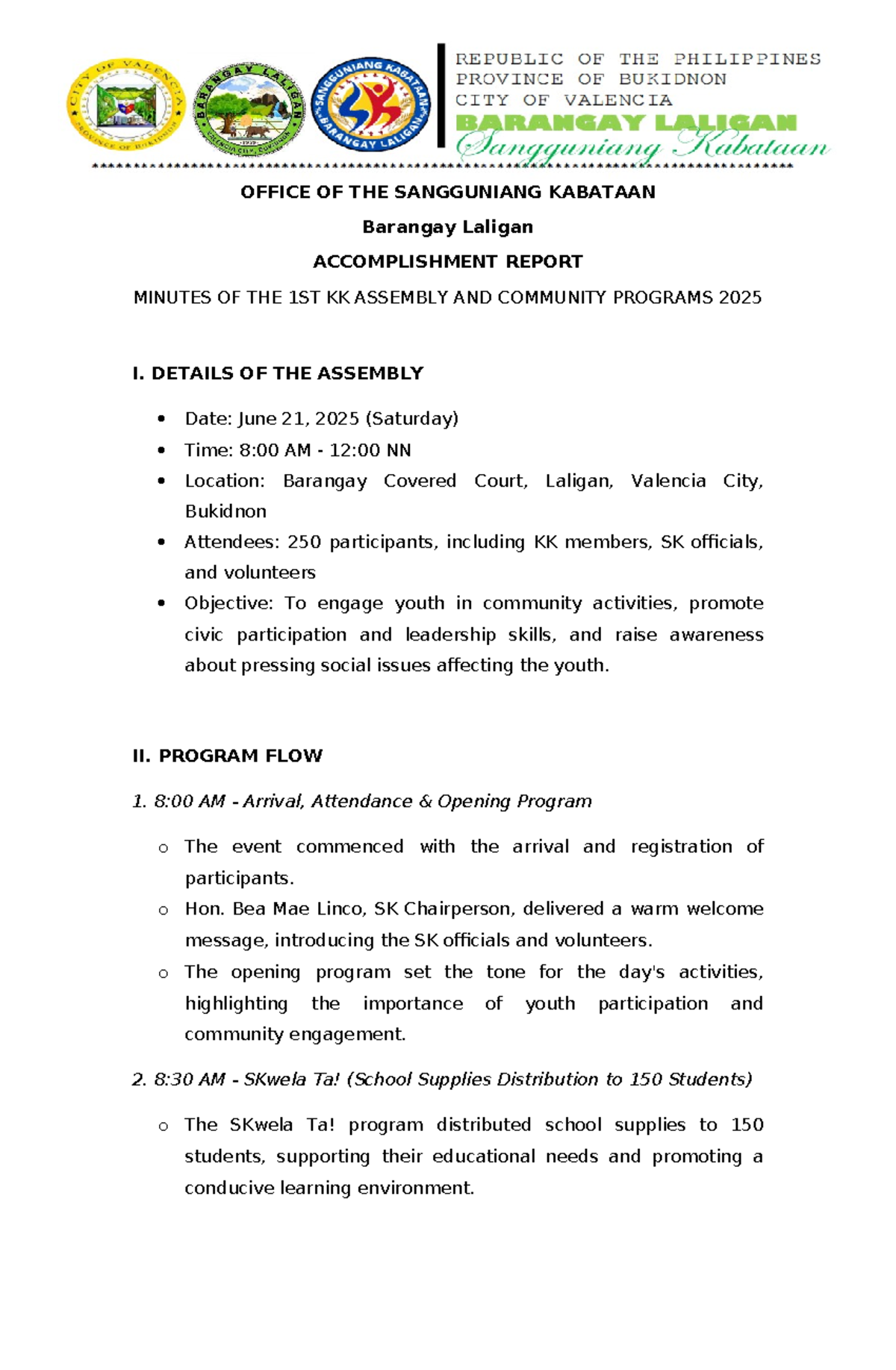 SK Barangay Laligan 1st KK Assembly Accomplishment Report 2025 - Studocu