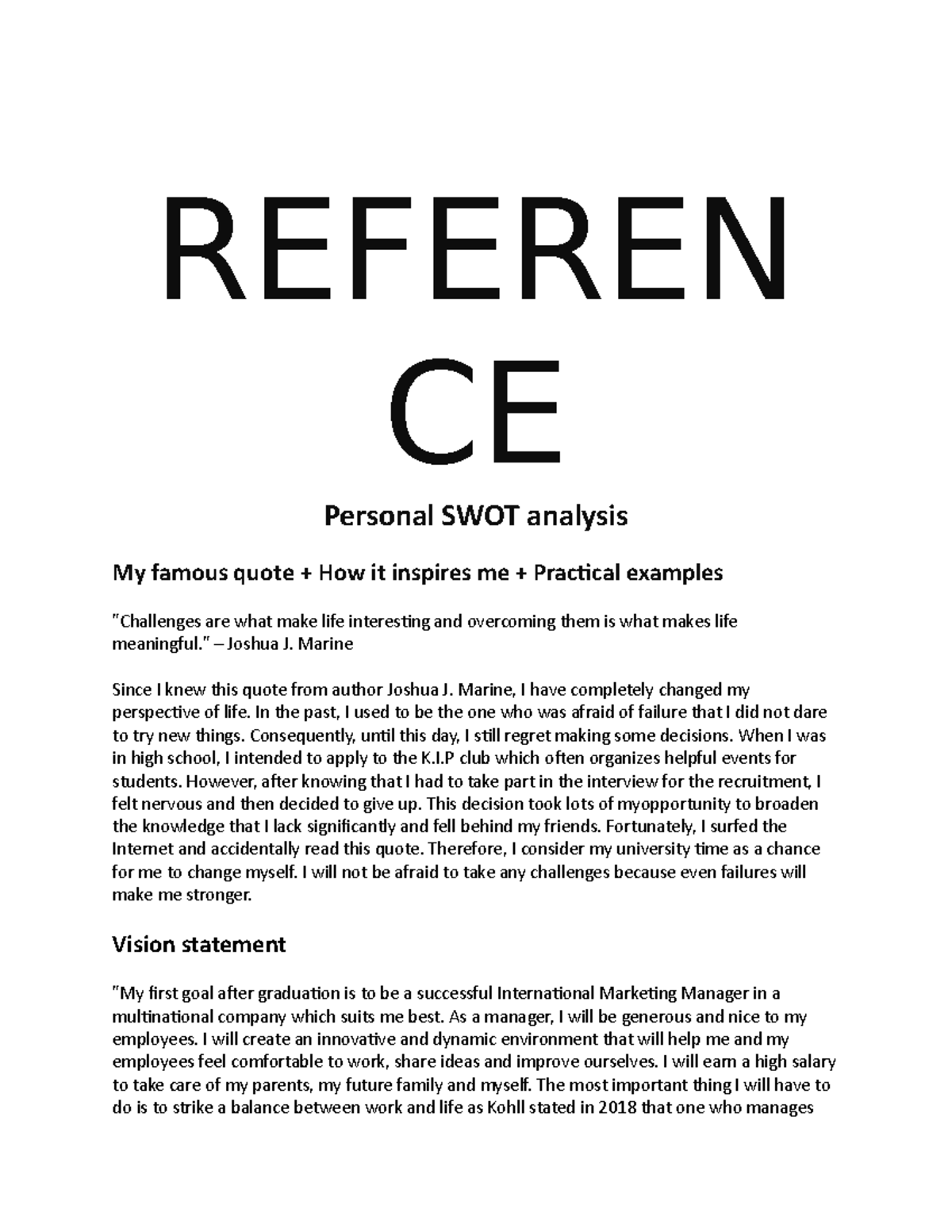 Swot - Swot - REFEREN CE Personal SWOT analysis My famous quote + How ...