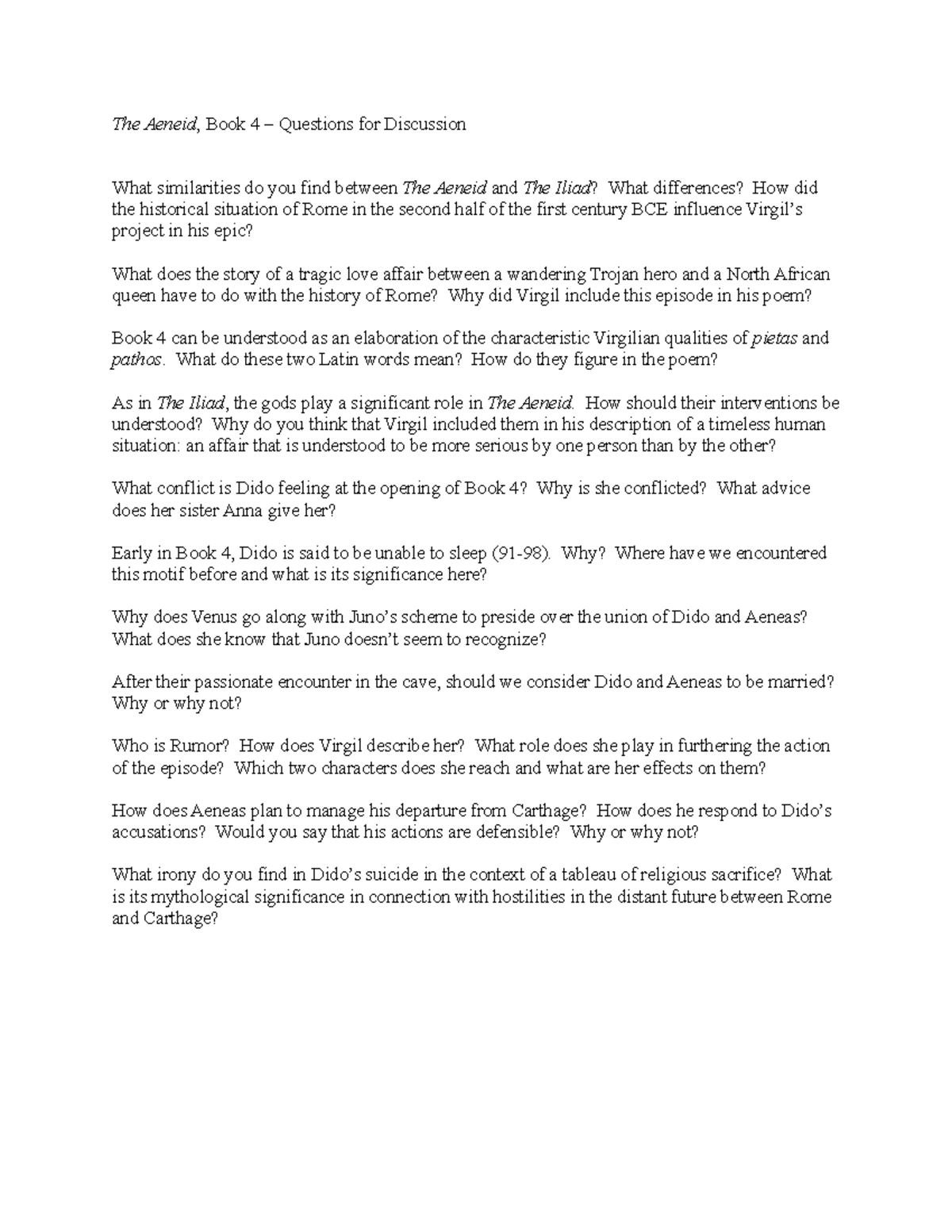 The Aeneid, Book 4: Discussion Questions and Analysis - Studocu