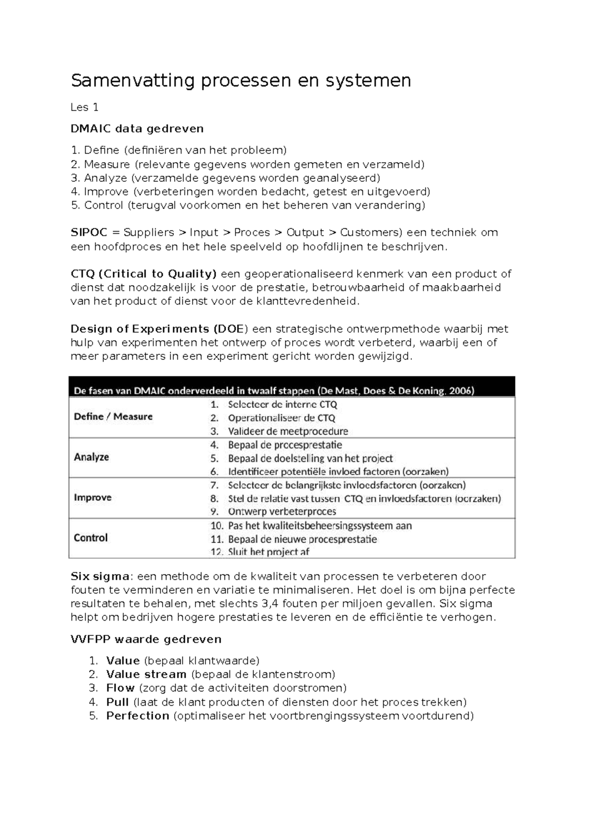 Samenvatting Processen & Systemen Les 1-4: DMAIC, Six Sigma en Lean ...