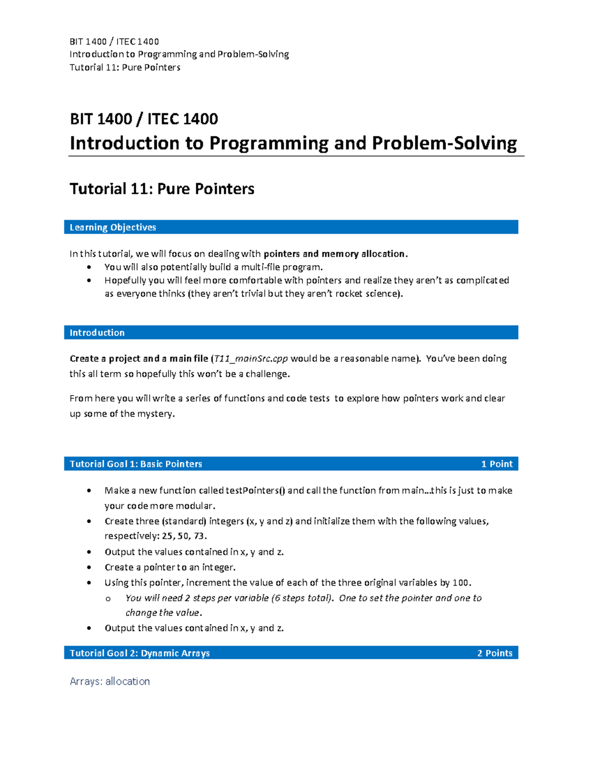 BIT 1400 ITEC 1400 Tutorial 11: Pure Pointers Lab Work Guide - Studocu