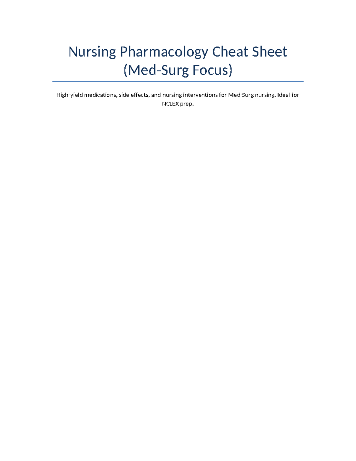 Nursing Pharmacology Cheat Sheet for NCLEX Prep: Meds & Interventions ...