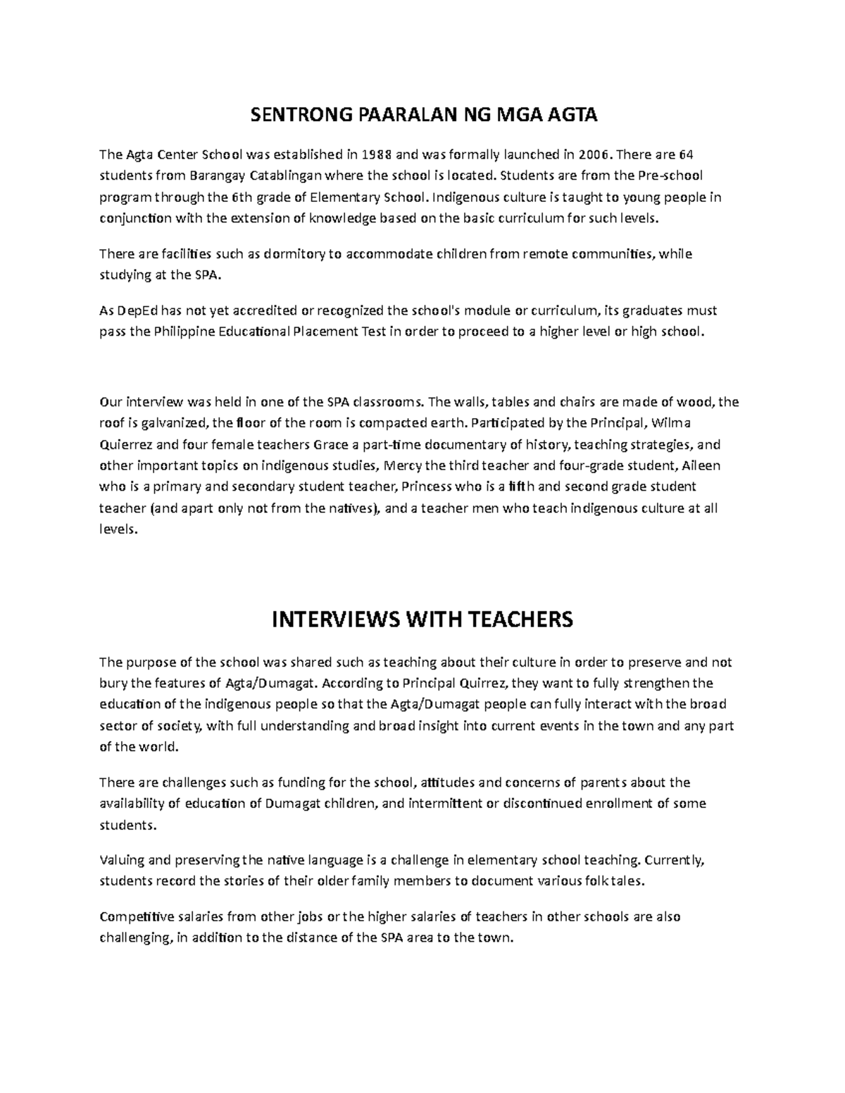 Sentrong Paaralan ng mga Agta: Indigenous Education Overview - Studocu