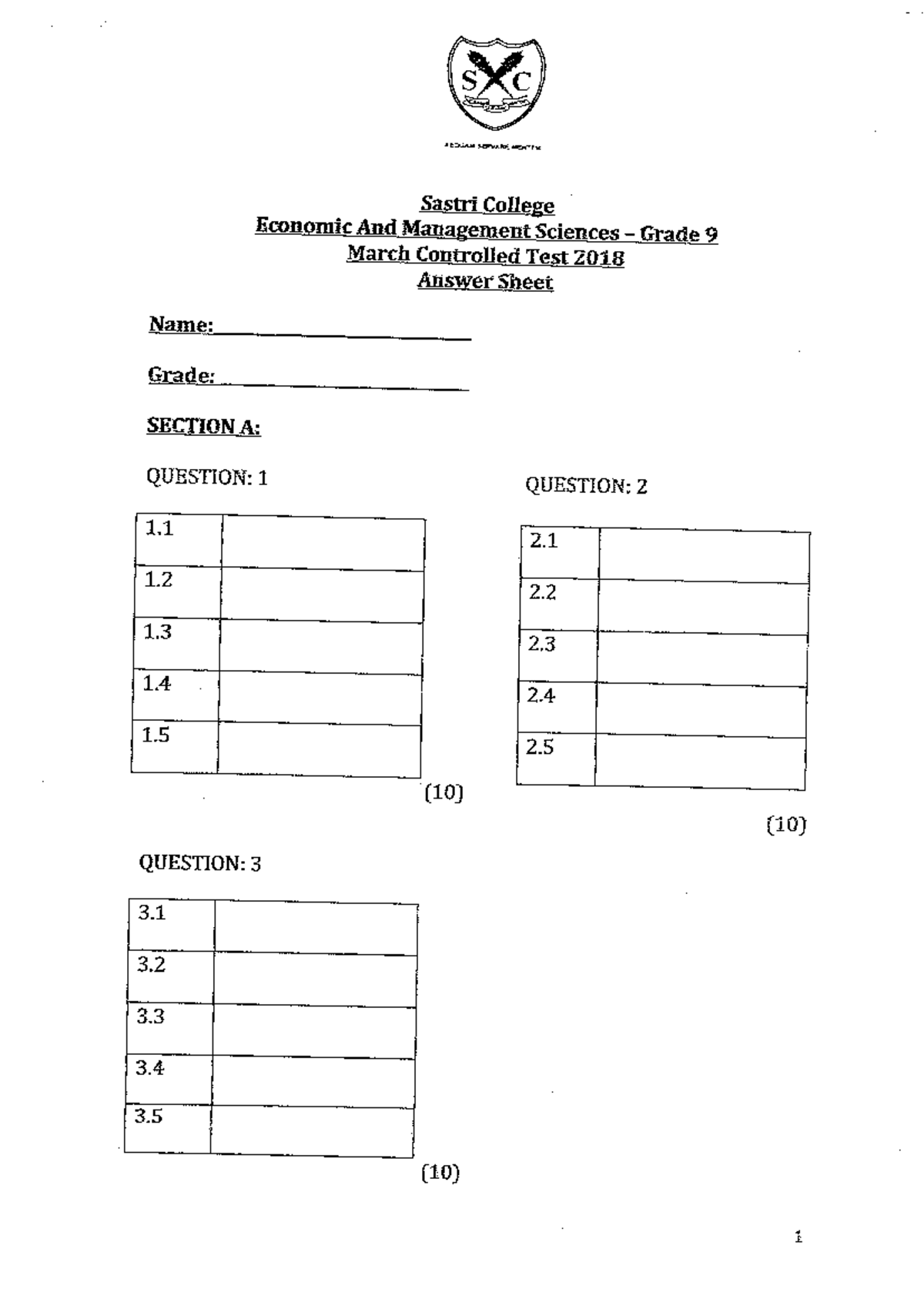 SAC EMS Grade 9 March 2018 Controlled Test Answer Sheet - Studocu