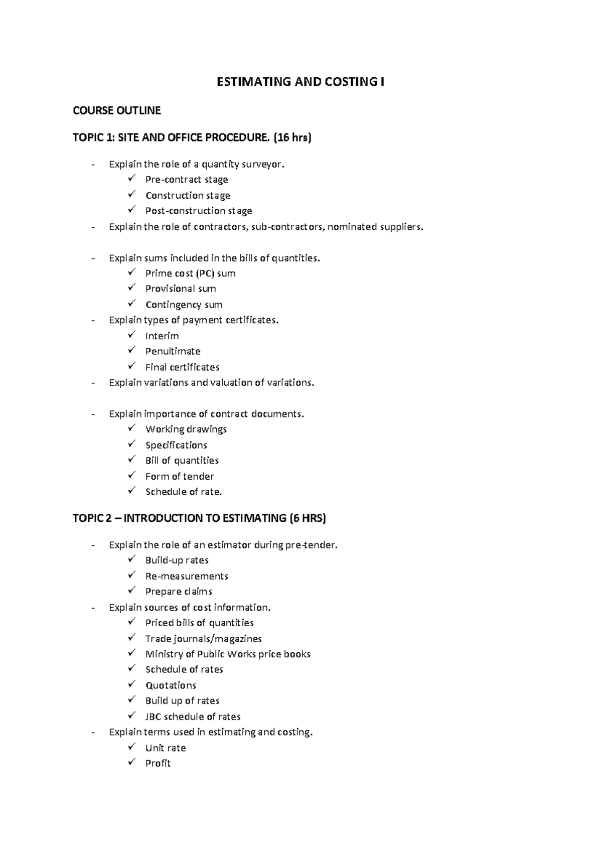 Estimating and Costing I - Comprehensive Modular Study Notes - Studocu
