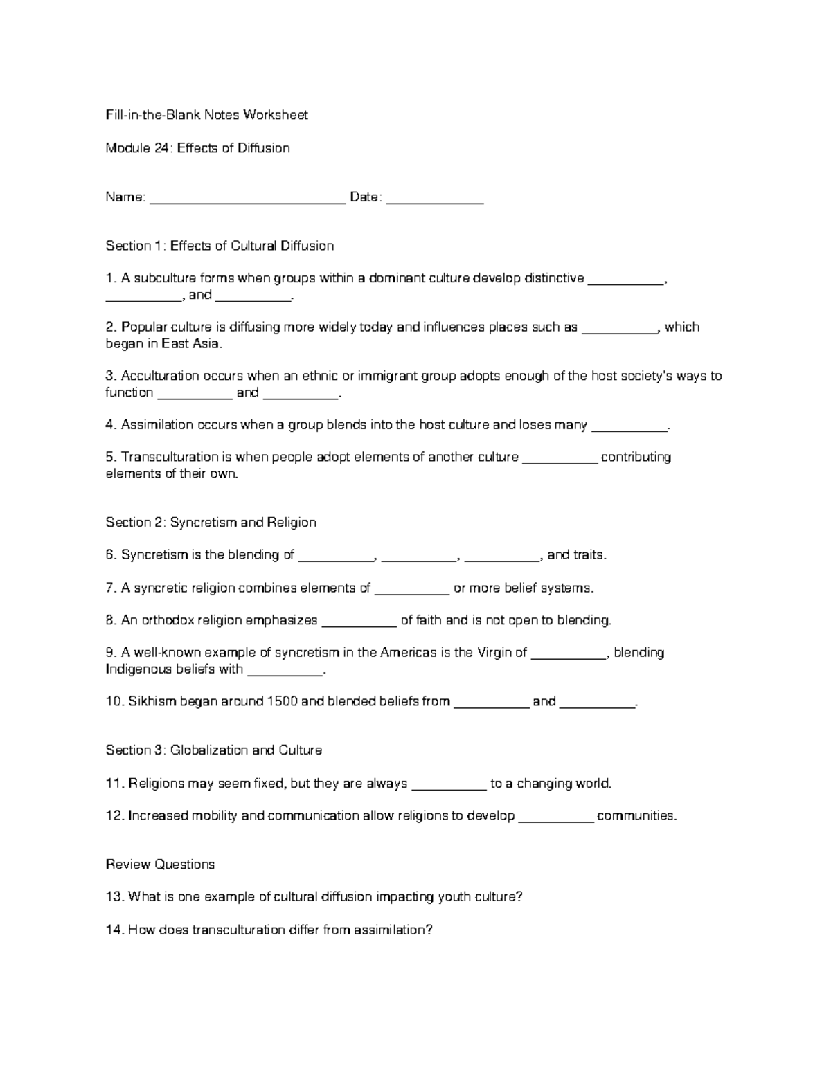 Module 24: Fill-In-The-Blank Worksheet on Cultural Diffusion - Studocu