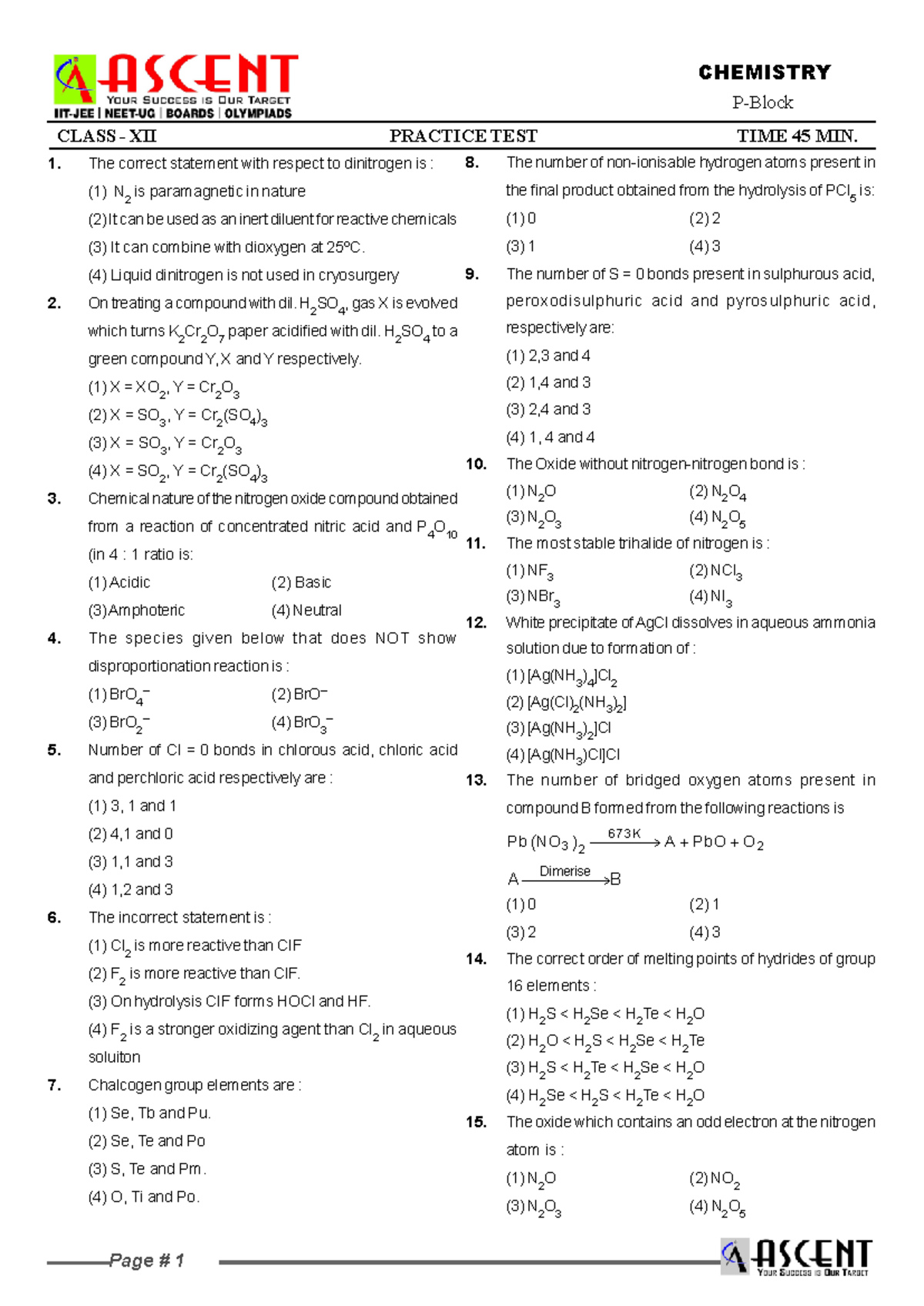 CHEMISTRY CLASS XII PRACTICE PAPER - P-BLOCK 21 - Studocu