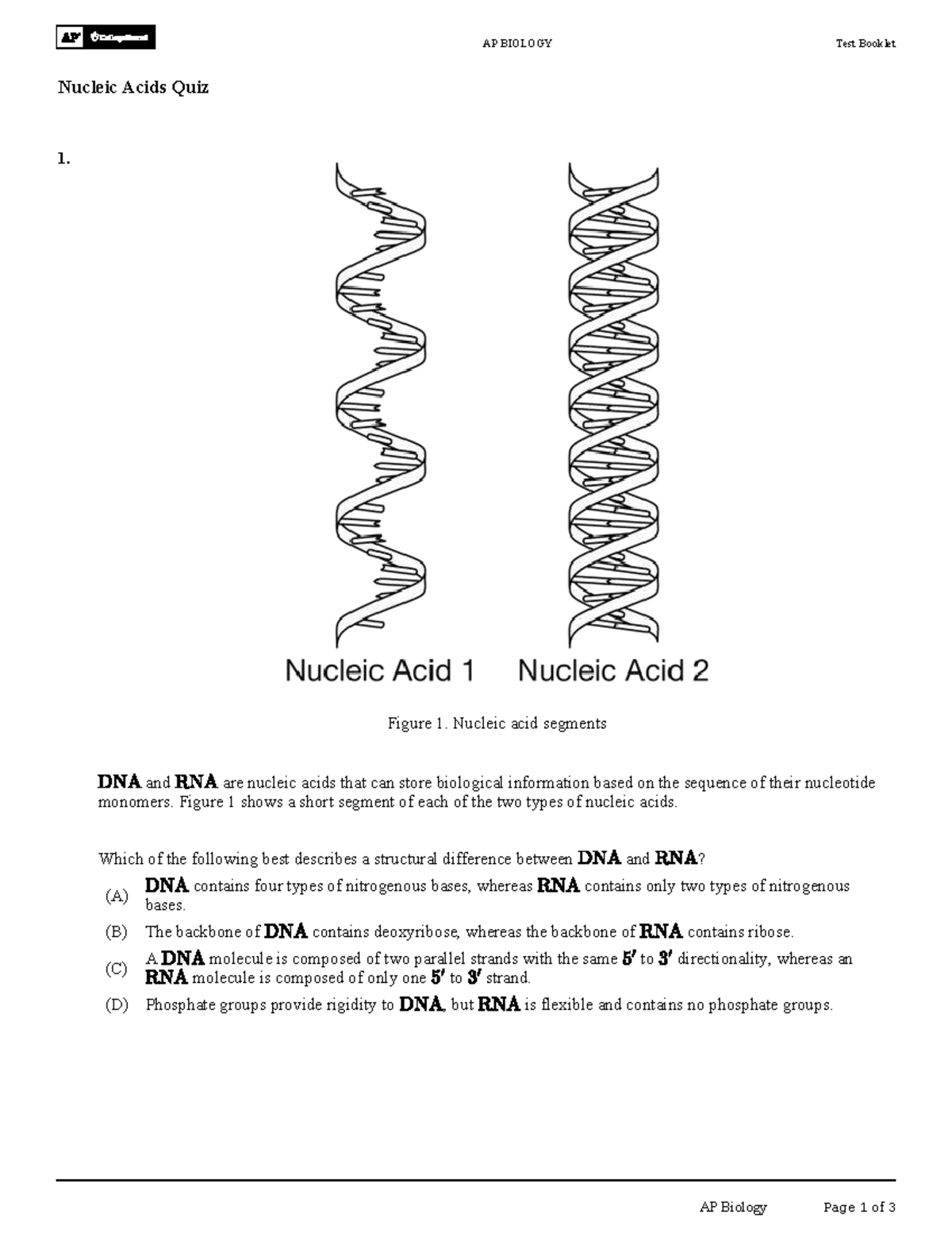 AP BIOLOGY Nucleic Acids Quiz 1 Test Booklet - Studocu