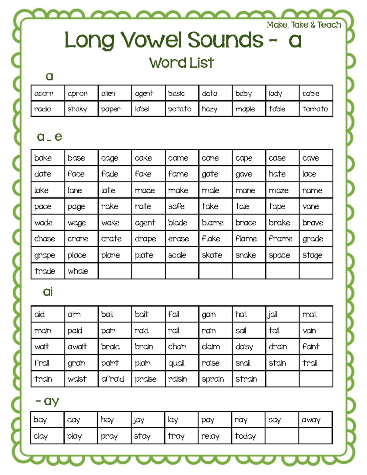 Long Vowel Sounds Word Lists: Make, Take Teach Resources - Studocu