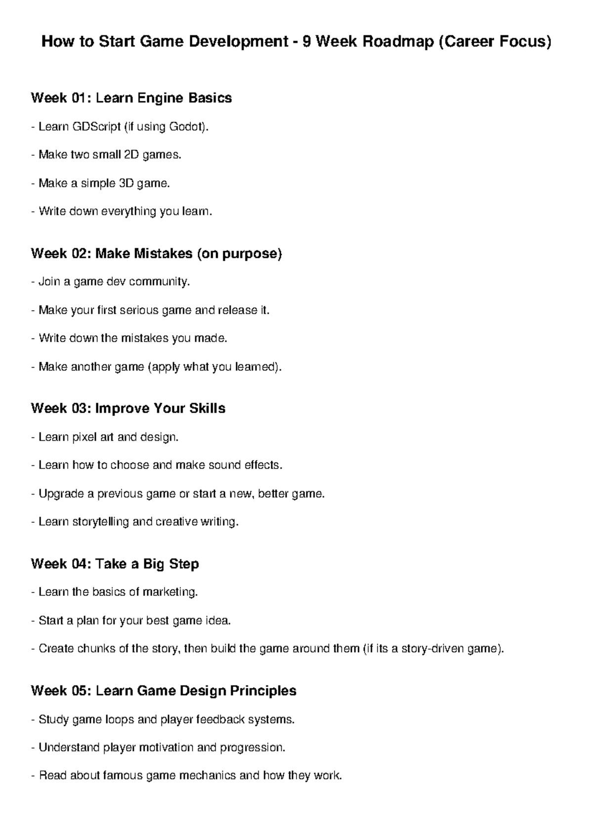 Game Dev Roadmap: 9-Week Plan for Aspiring Developers - Studocu