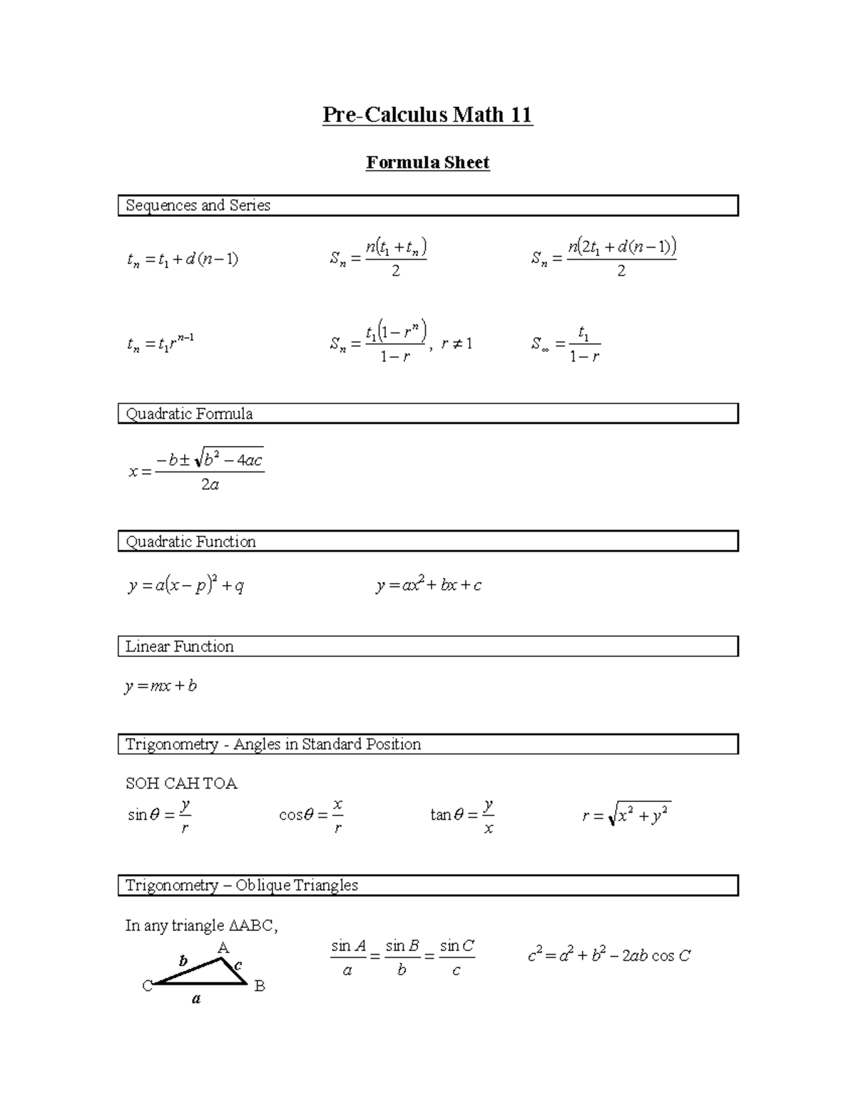 Math 11 Formula Sheet: Sequences, Series, and Trigonometry - Studocu