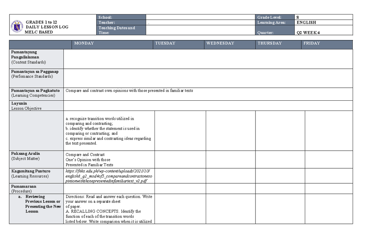 MELC DLL ENG 8 WEEK 4 Q2 done - GRADES 1 to 12 DAILY LESSON LOG MELC BASED School: Grade Level ...