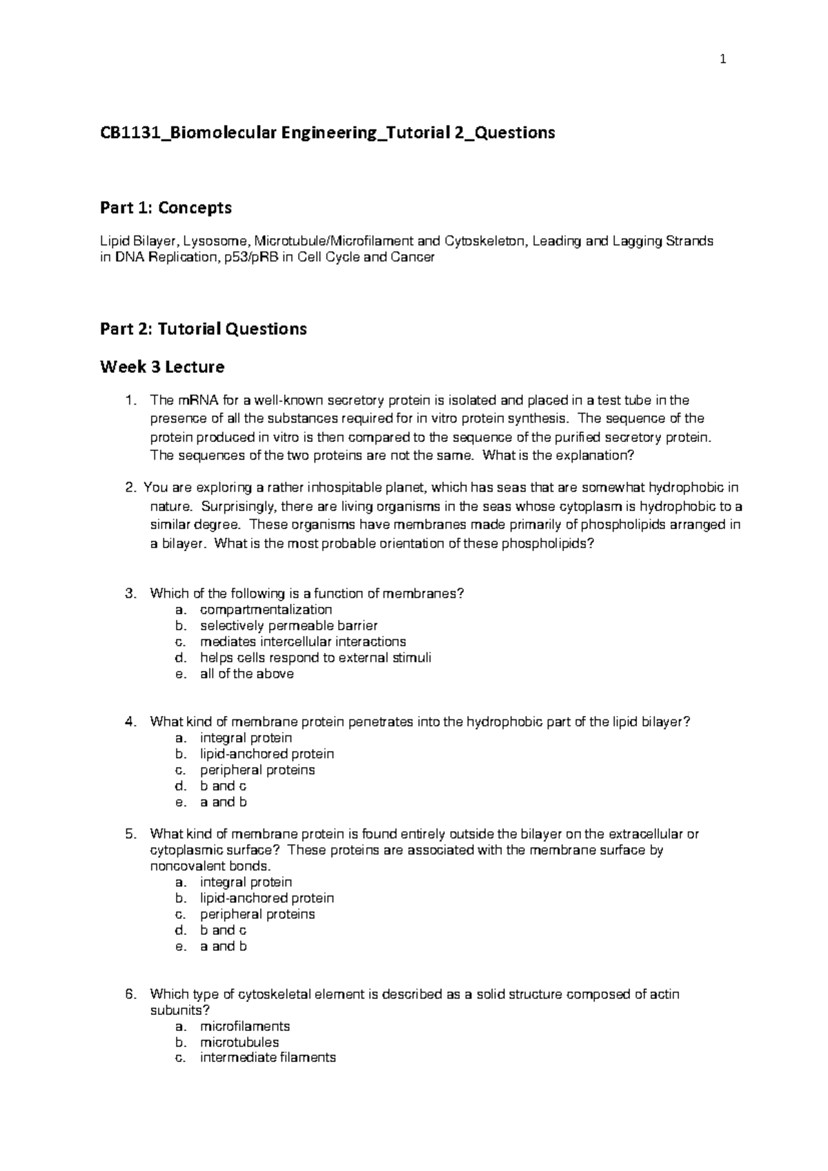 CB1131 Tutorial 2 Questions - 1 CB 11 31_Biomolecular Engineering ...