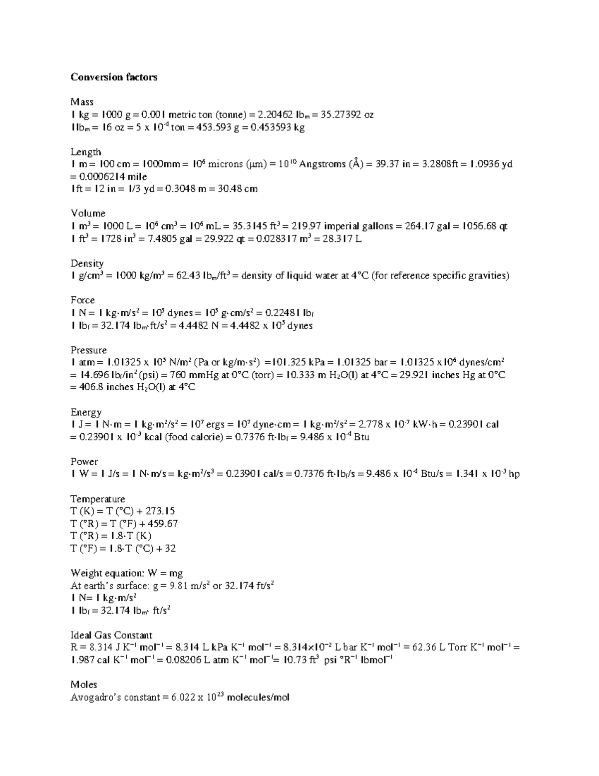 CHBE220 Midterm 1 2024W: Comprehensive Equation Sheet - Studocu