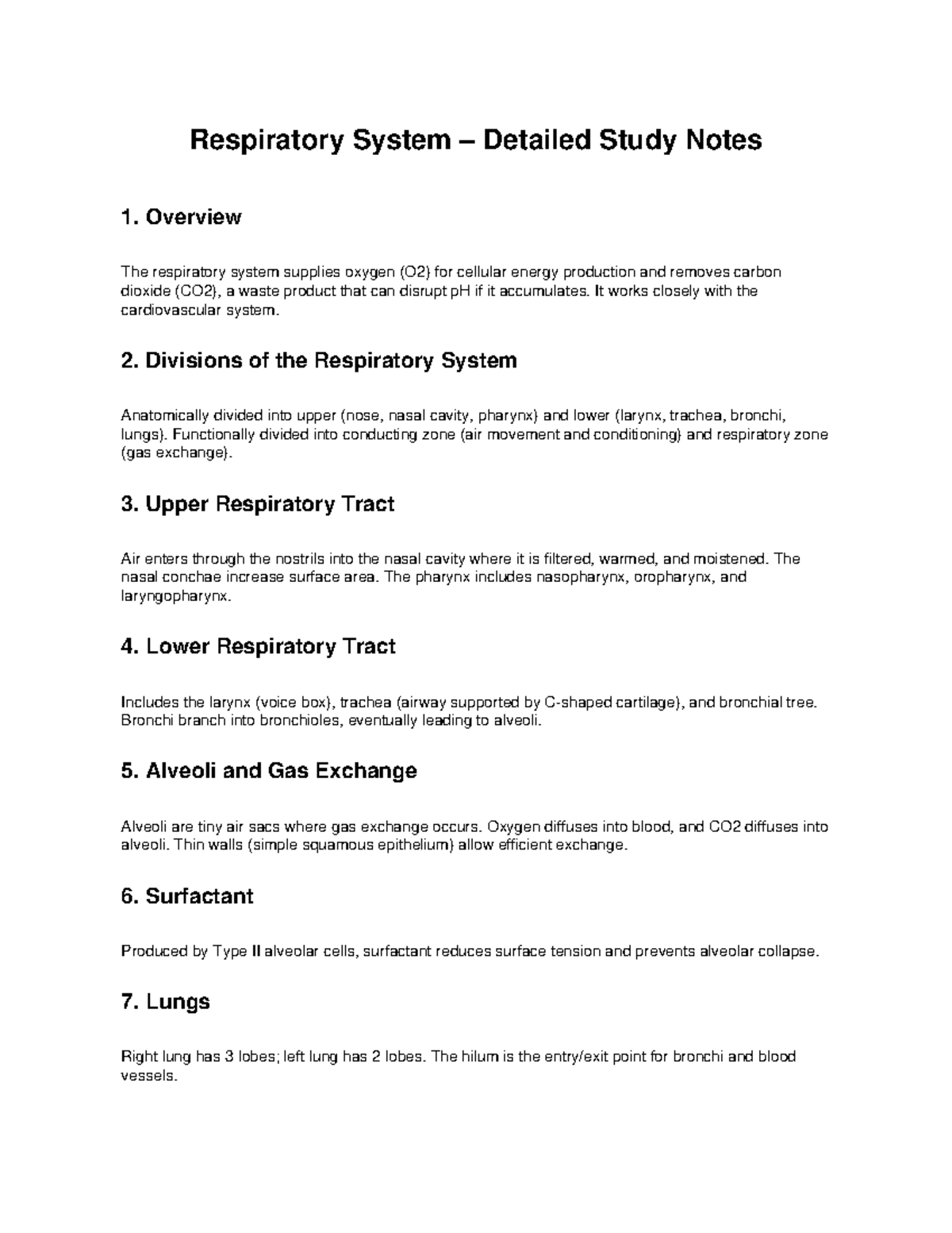 Respiratory System Study Notes: Overview & Functions - Studocu