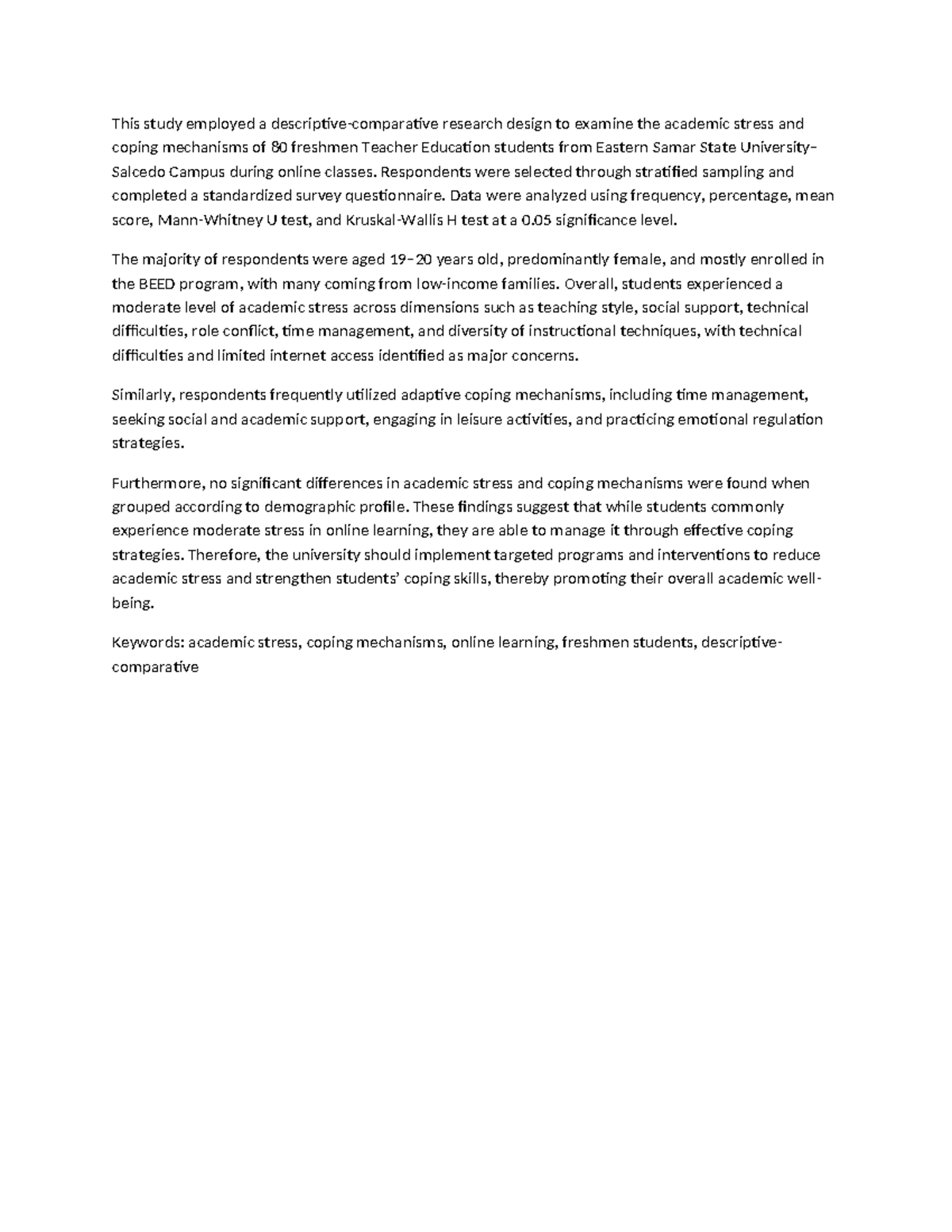 Academic Stress and Coping Mechanisms of BEED Freshmen Students - Studocu