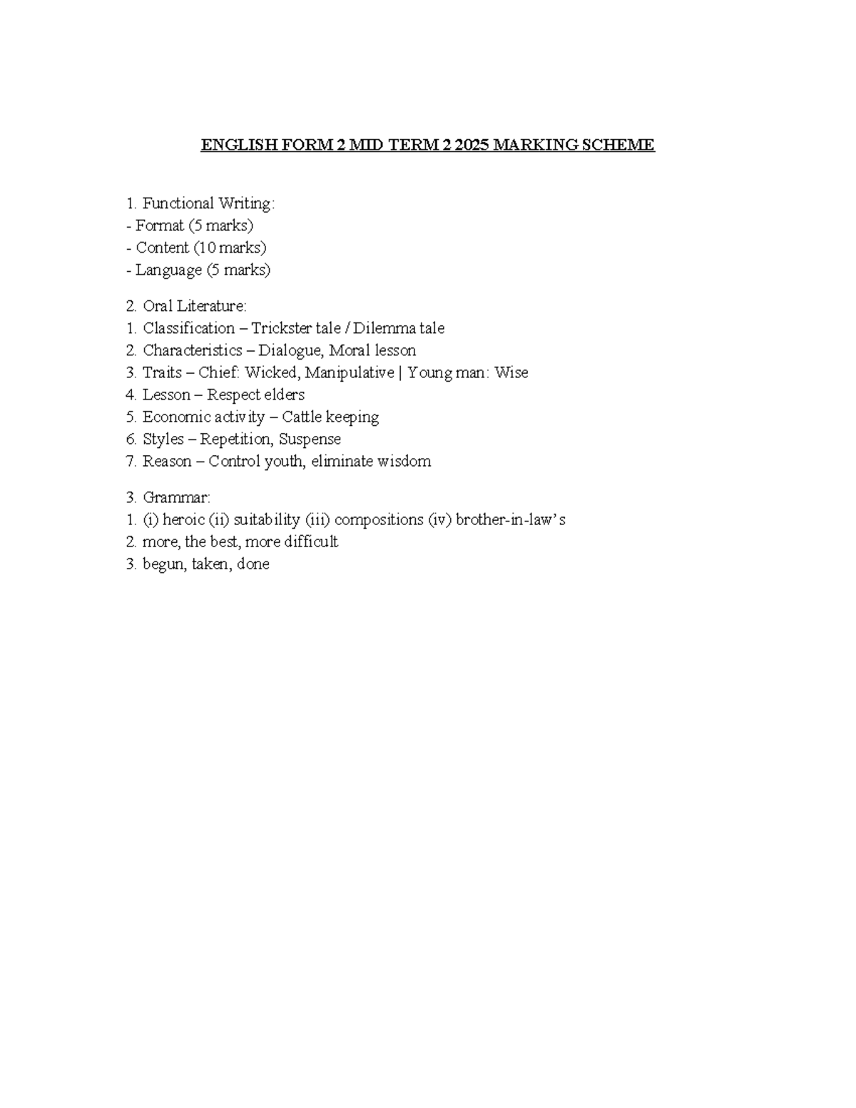English F2 MS - Great - ENGLISH FORM 2 MID TERM 2 2025 MARKING SCHEME ...