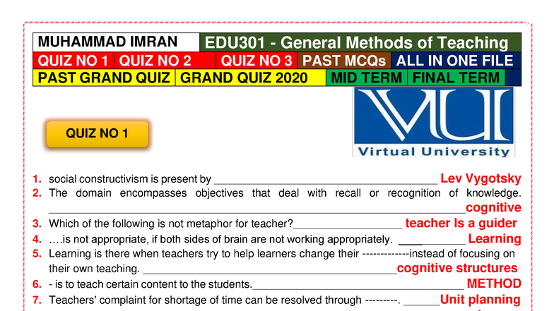 EDU301 General Methods of Teaching: All Quizzes & Midterm MCQs - Studocu