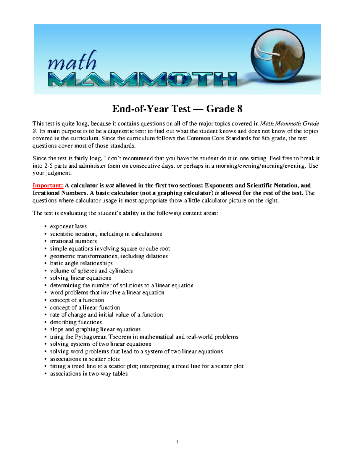 End of Year Test Grade 8: Comprehensive Math Assessment - Studocu