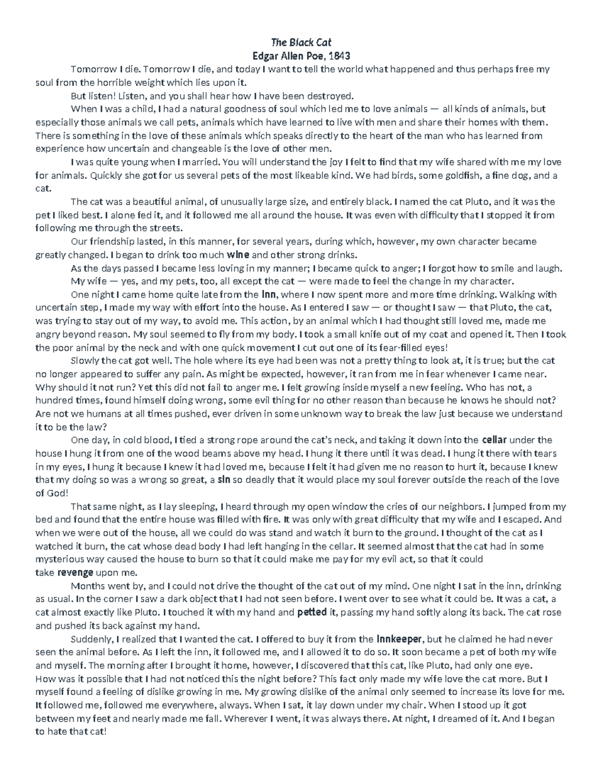Analysis of "The Black Cat" by Edgar Allan Poe - ENG 101 Final Exam ...
