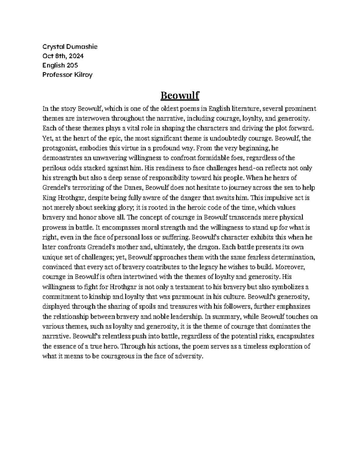 Beowulf essay - Crystal Dumashie Oct 8th, 2024 English 205 Professor ...