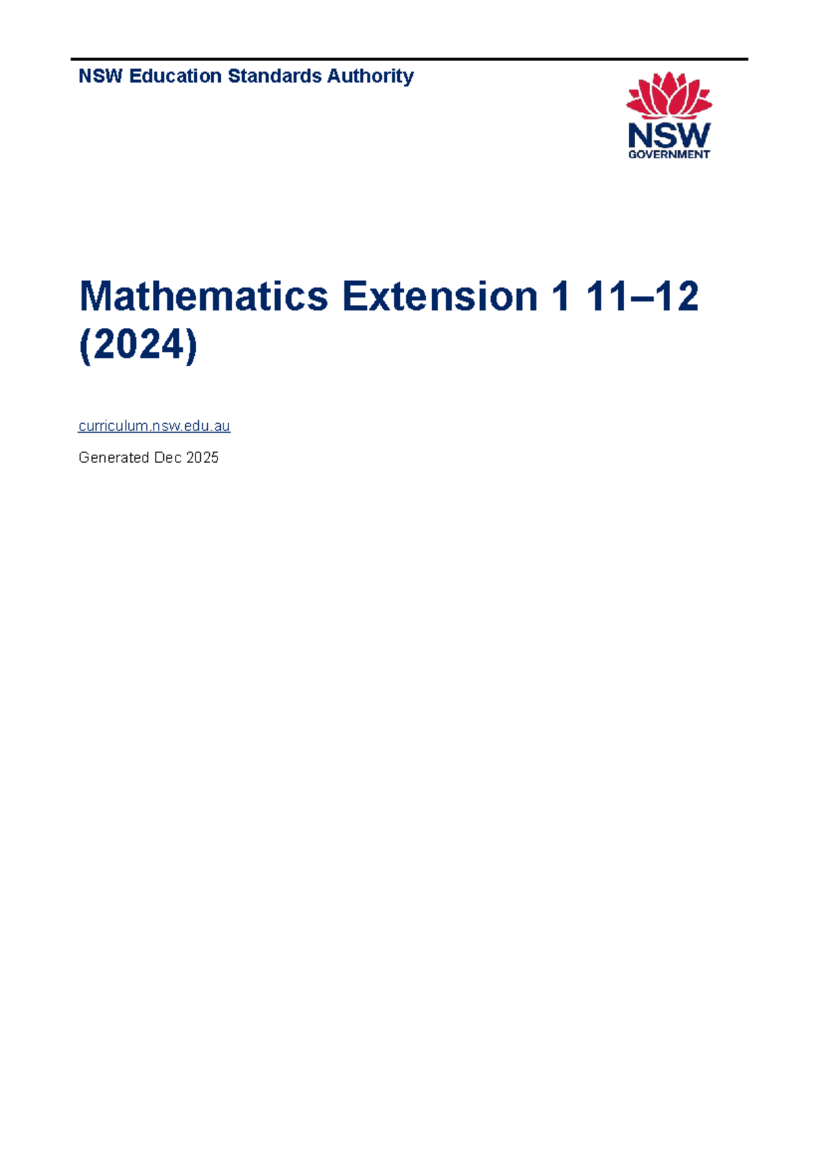 NESA Mathematics Extension 1 (2024) Curriculum Overview and ...