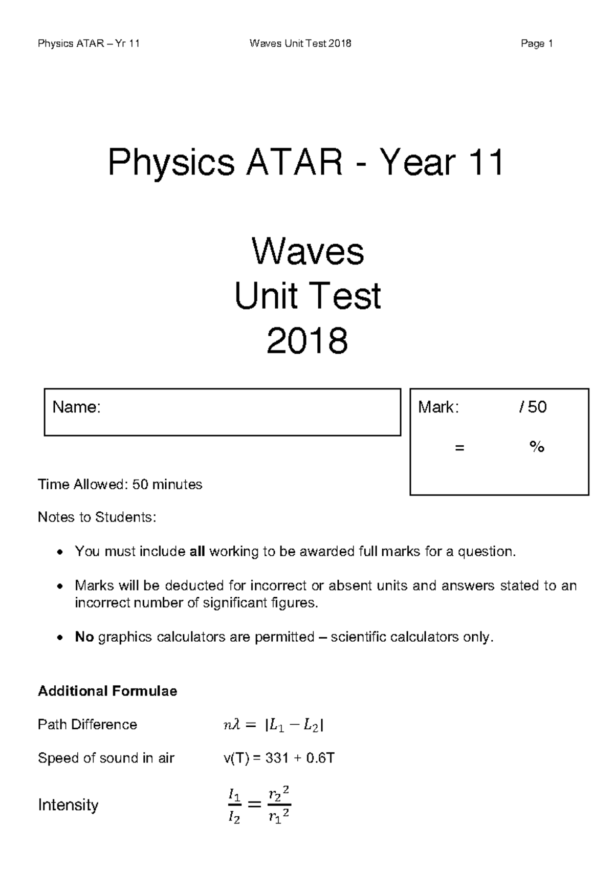 Physics ATAR Yr 11 Waves Unit Test 2018 - Comprehensive Review - Studocu