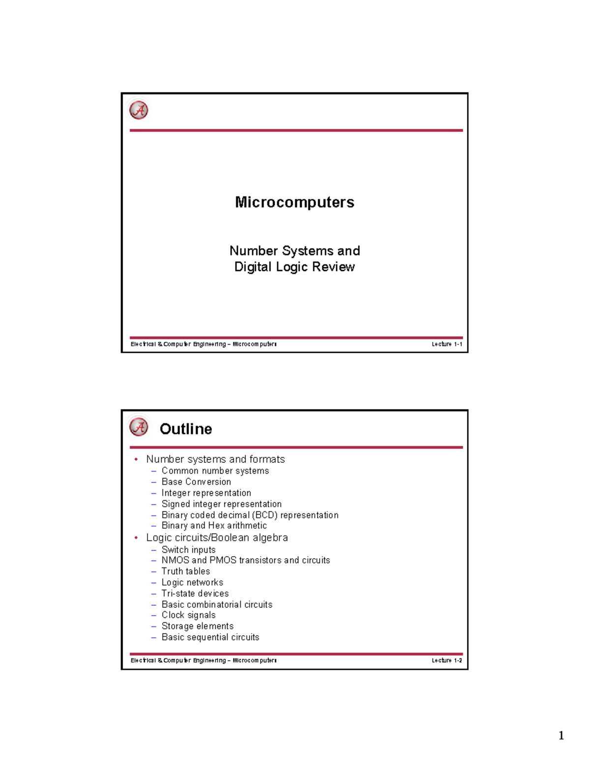 Lecture notes 1-1 - Microcomputers Number Systems and Digital Logic ...