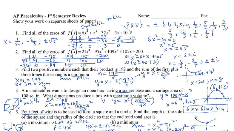 AP Precalculus (AP Precal) Semester Review Key - Studocu