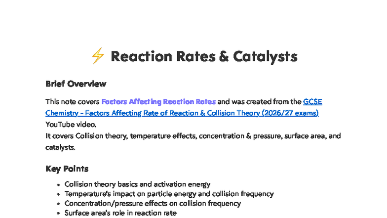 GCSE Chemistry - Overview of Reaction Rates & Catalysts (2026-27) - Studocu
