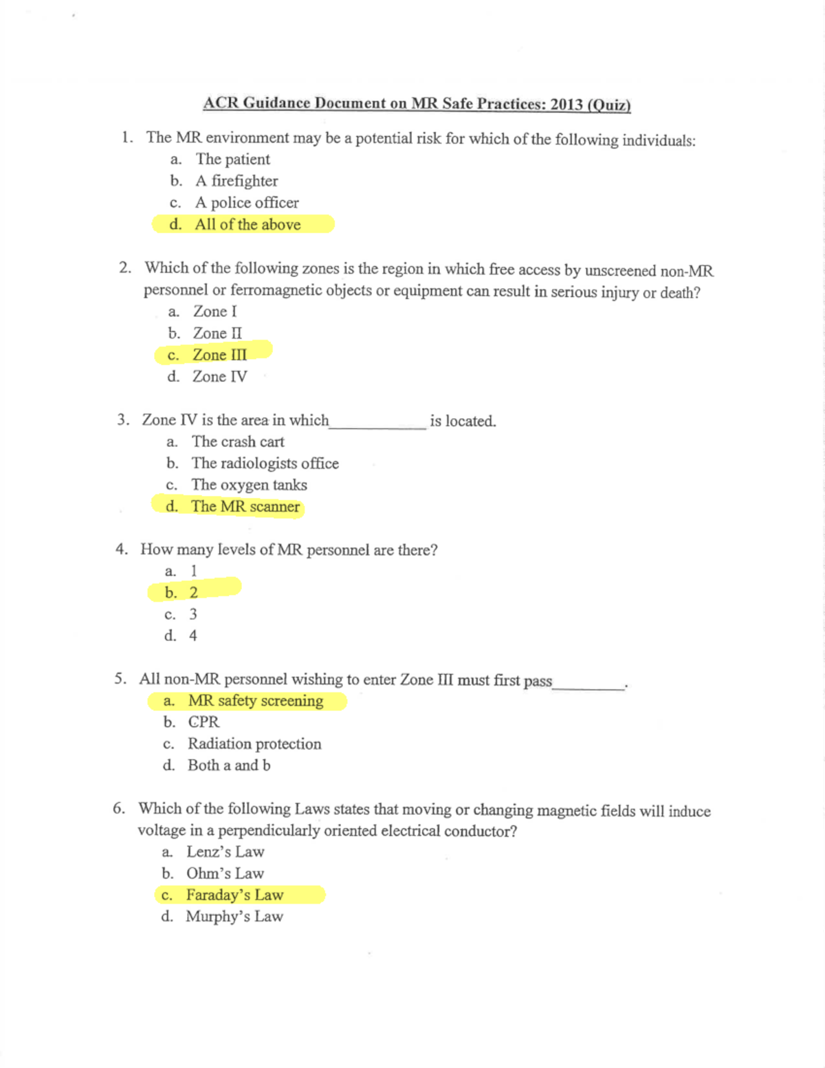 MRI 2013 Quiz: ACR MR Safe Practices and Key Considerations - Studocu