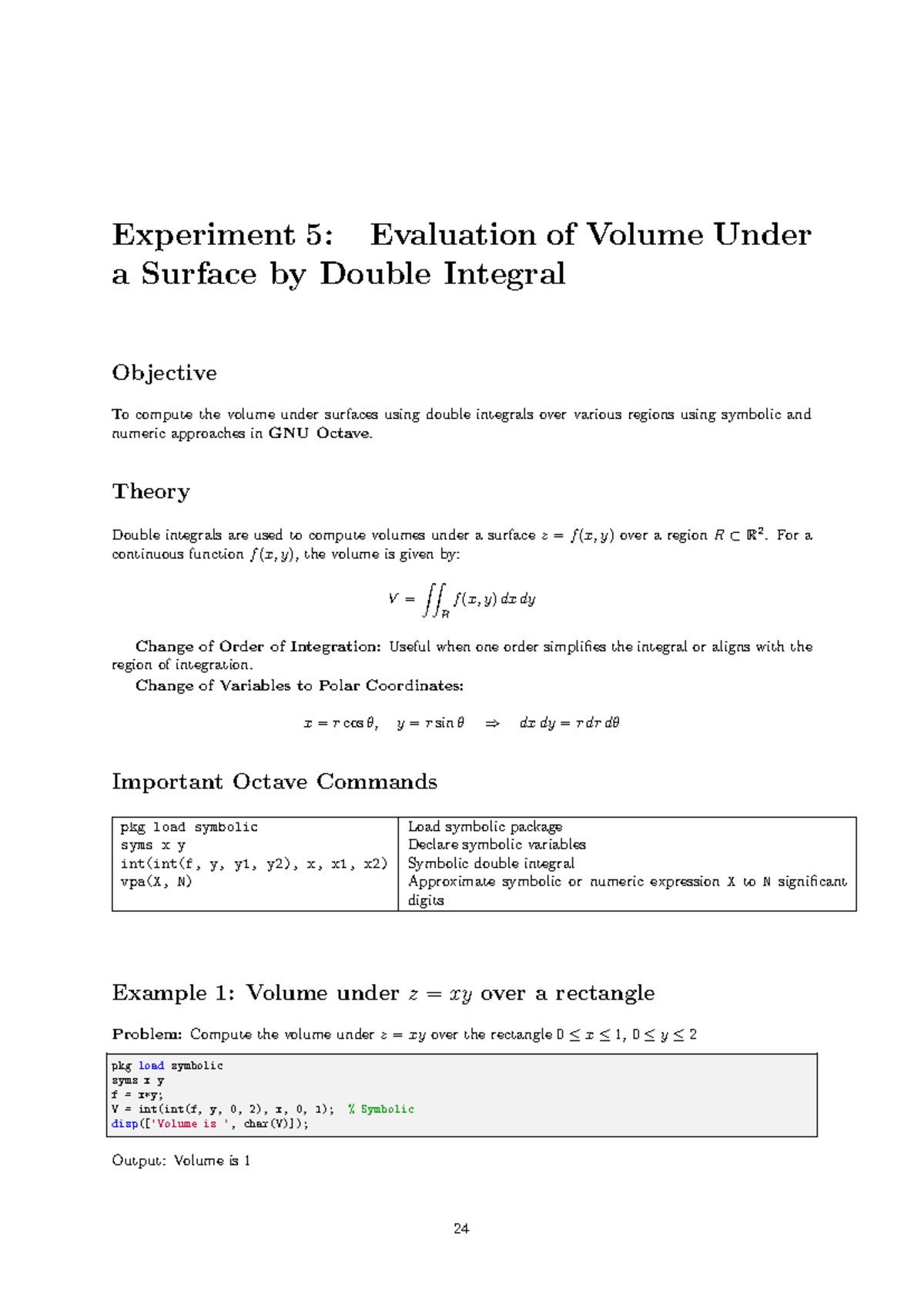 Experiment 5: Volume Calculation Using Double Integrals in GNU Octave - Studocu