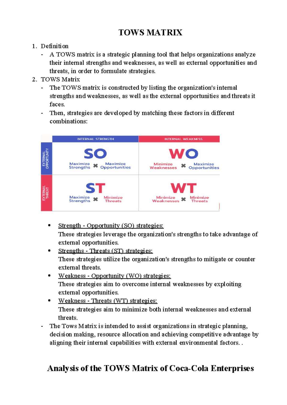 TOWS Matrix Analysis for Strategic Planning at Coca-Cola Enterprises ...
