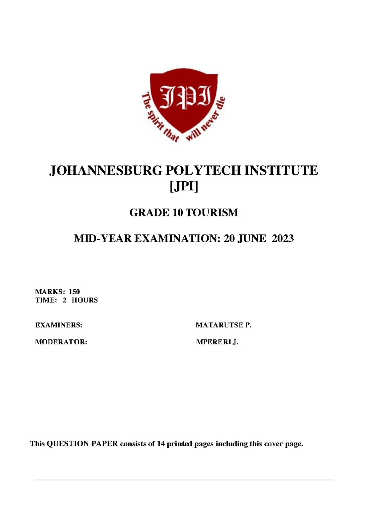 Grade 10 Tourism Mid-Year Exam Paper - June 2023 - Studocu