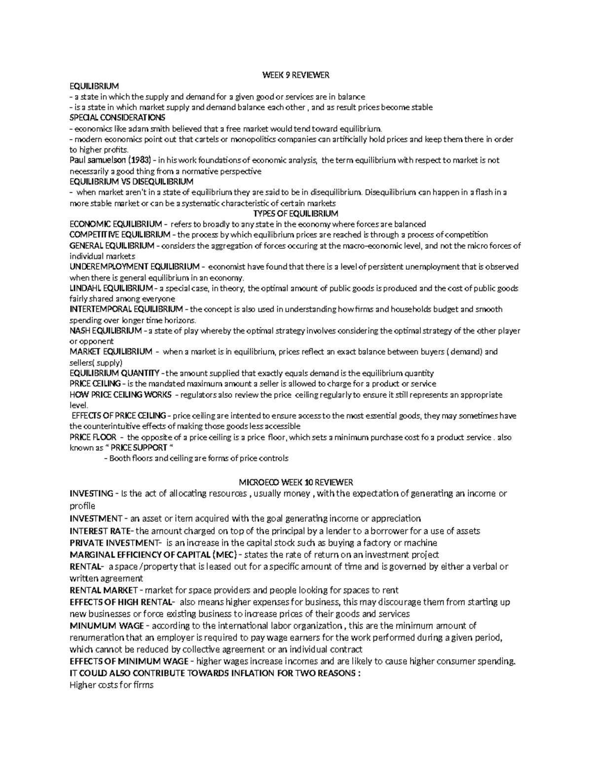 Microeco WEEK 9 REVIEWER: Equilibrium Concepts and Price Controls - Studocu