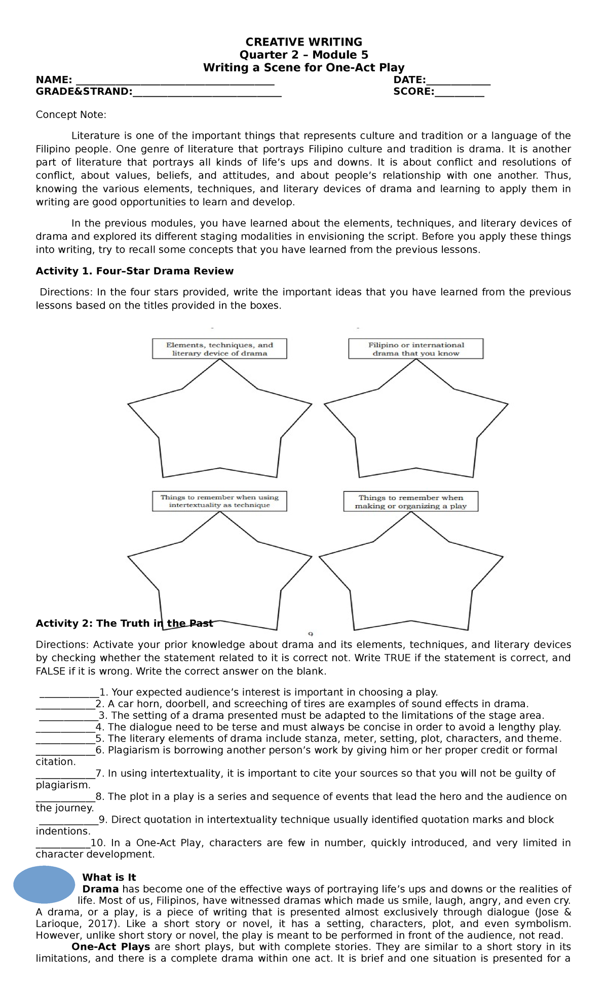 Creative Writing Q2 - Module 5: Writing a Scene for One-Act Play - Studocu
