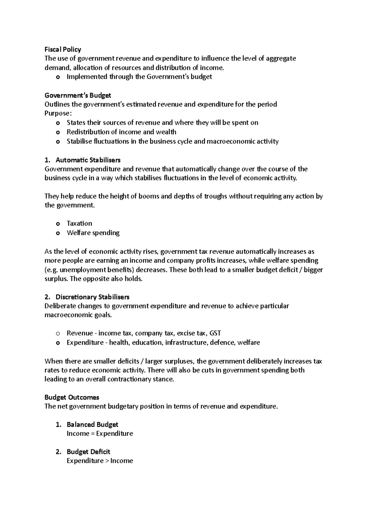 Fiscal Policy - Key Concepts and Budget Mechanisms Summary Notes - Studocu