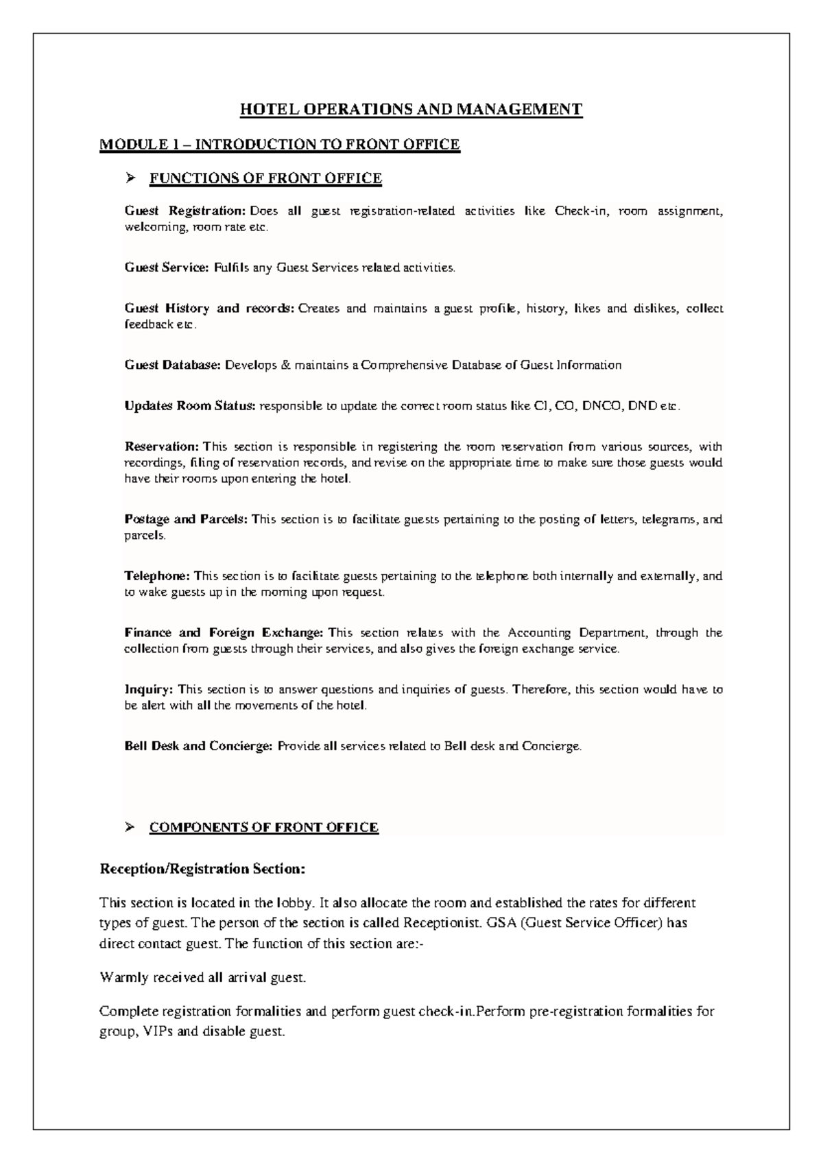 Front Office Operations - Hotel Management Unit 1 Overview - Studocu