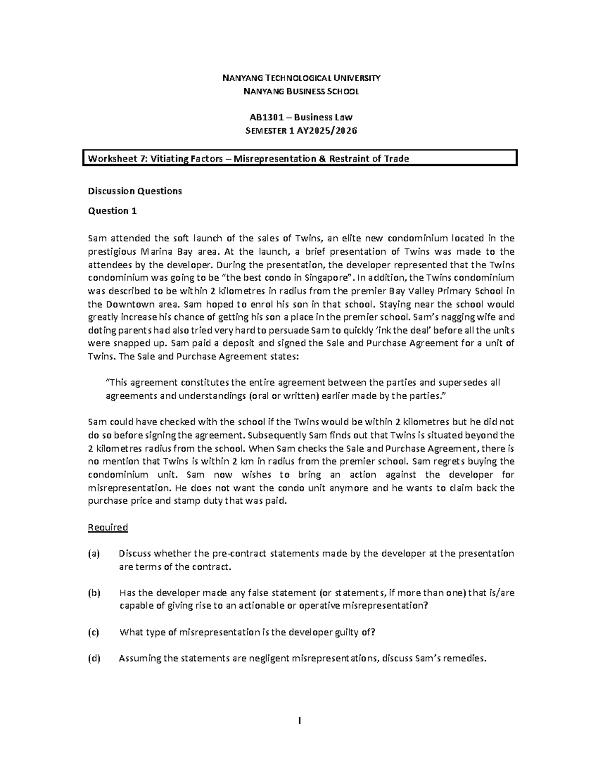 AB1301 Business Law SEM 1: Worksheet 7 on Misrepresentation & Vitiating ...