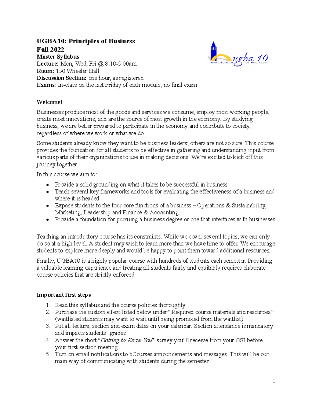 UGBA 10 Principles of Business Syllabus Fall 2022 Overview - Studocu