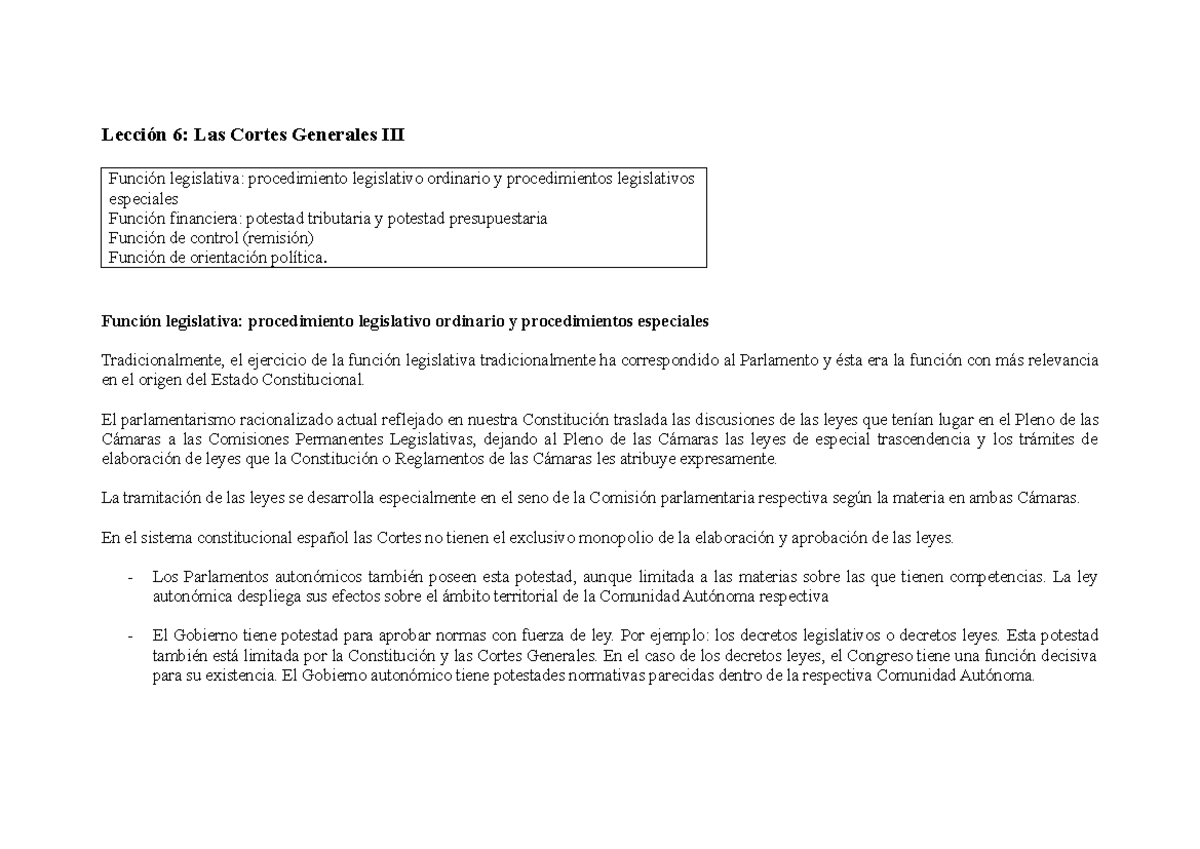 Tema 6: Funciones de las Cortes Generales y Procedimientos Legislativos ...