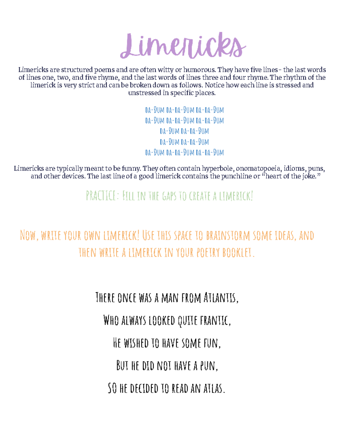Limericks Worksheet: Structure, Rhythm, and Practice - Studocu