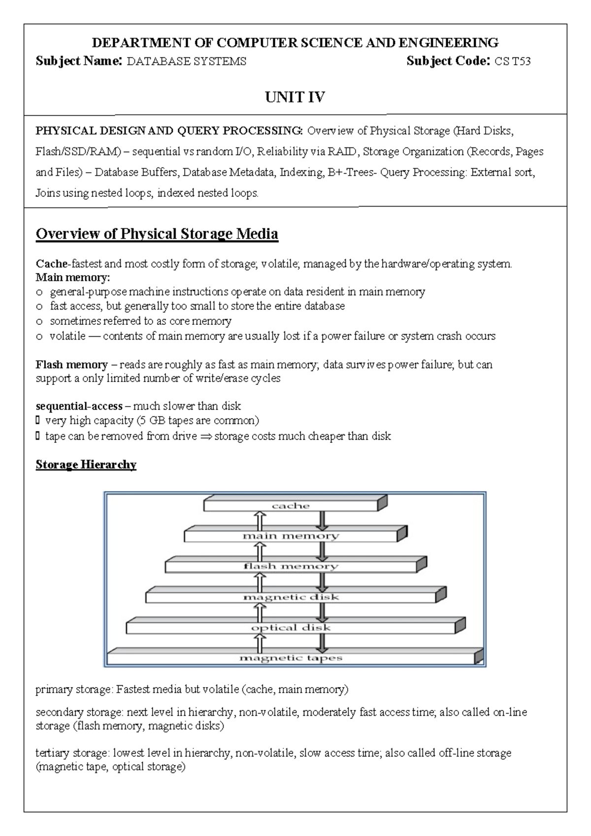 CS T53 Unit IV: Physical Design & Query Processing Overview - Studocu