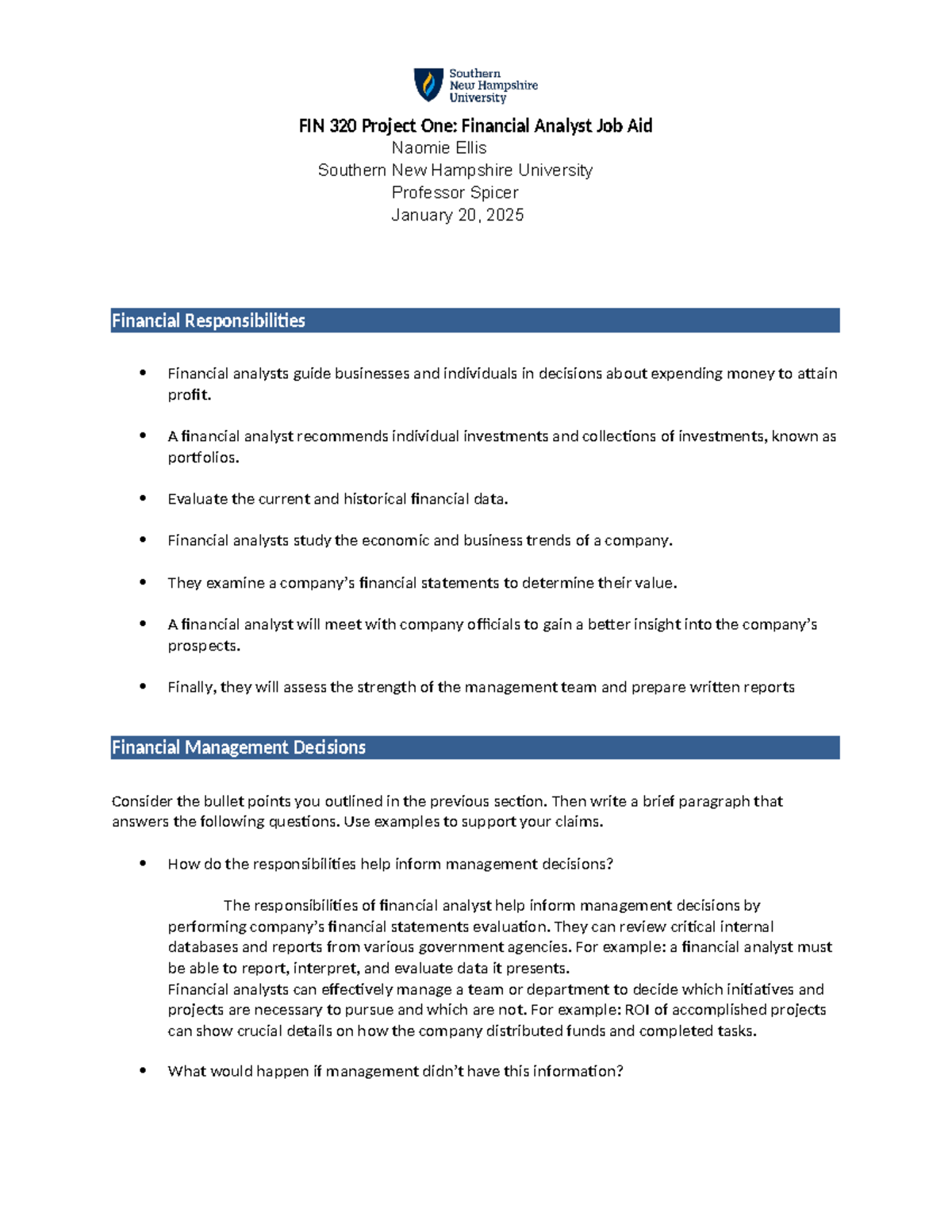 FIN-320 project one financial analyst job aid - FIN 320 Project One ...