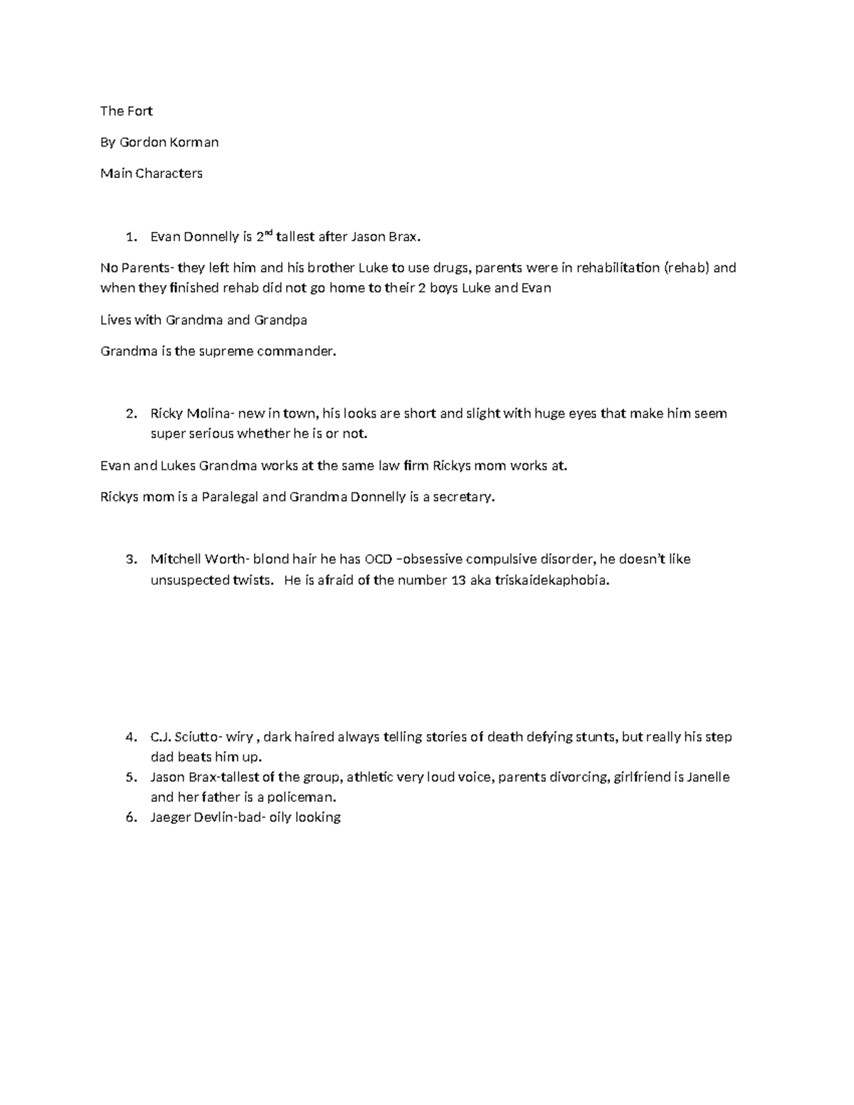 Character Analysis of "The Fort" by Gordon Korman - Essay Notes - Studocu